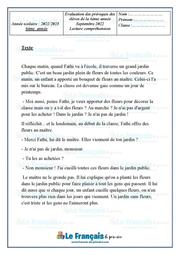 Évaluation de la lecture compréhension /6ème année/prérequis | Le ...