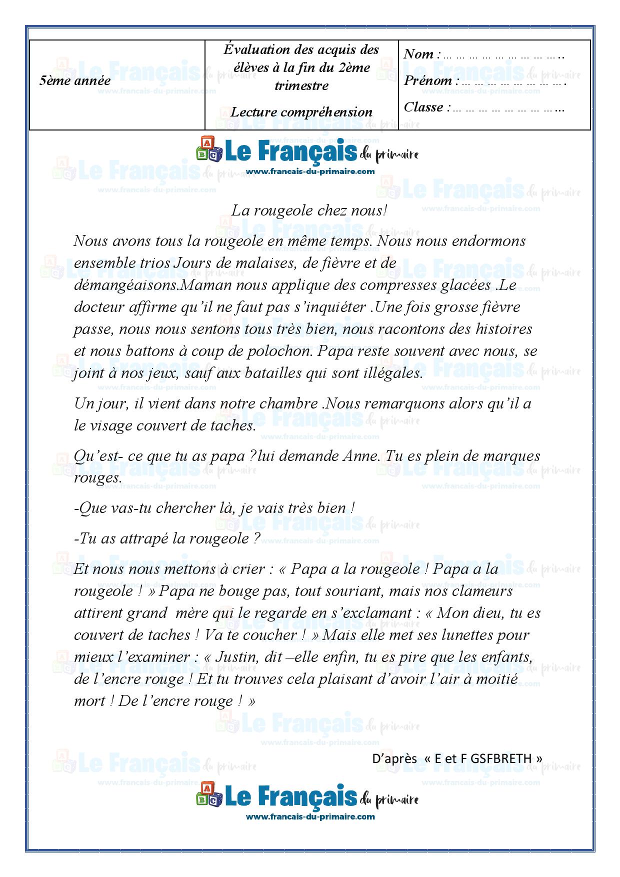 Examen Lecture compréhension 5ème année /Trimestre 2 | Le français du ...