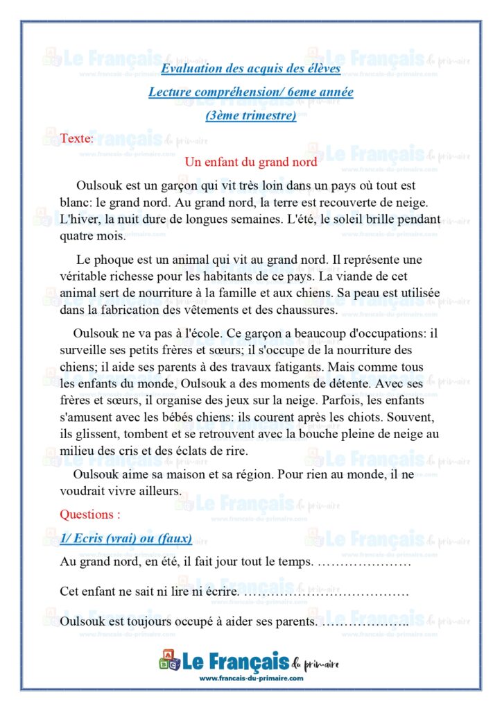Examen de Lecture 6ème année trimestre 3 | Le français du primaire