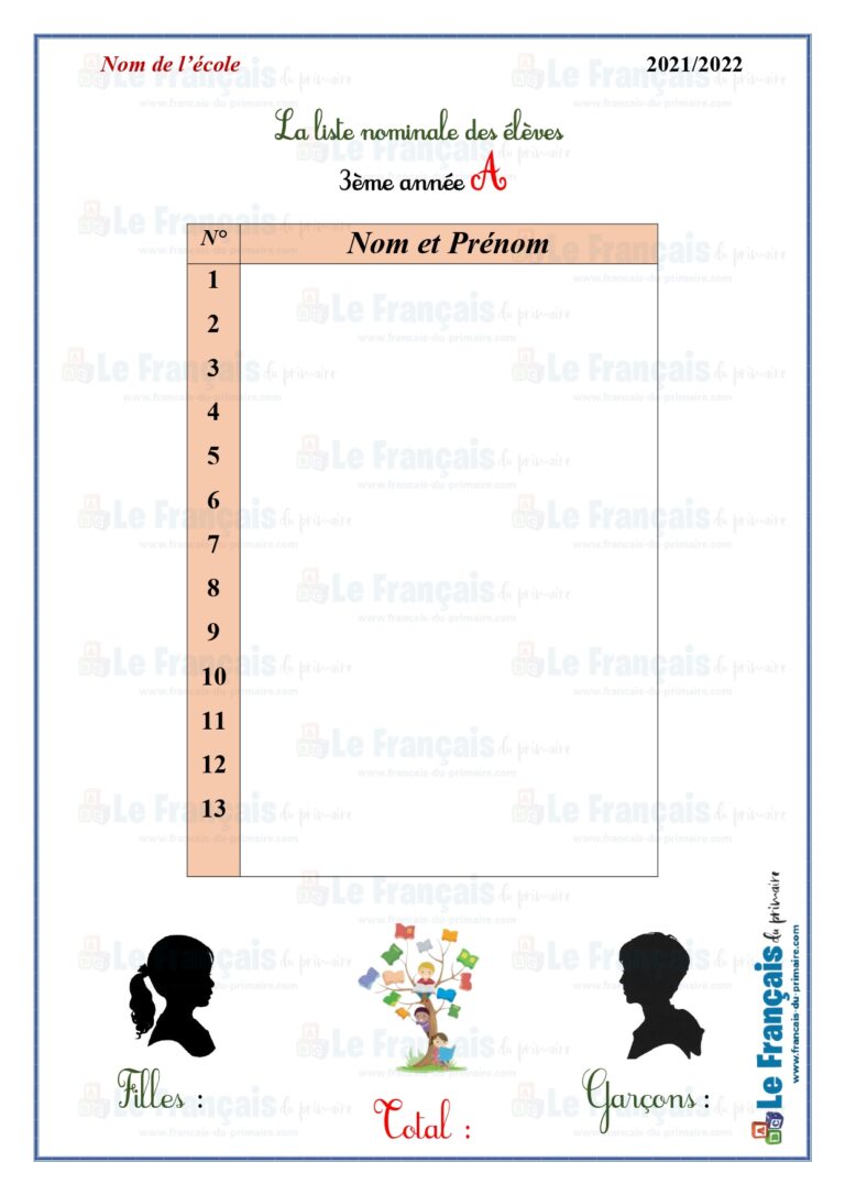 Liste nominale des élèves 3ème année | Le français du primaire