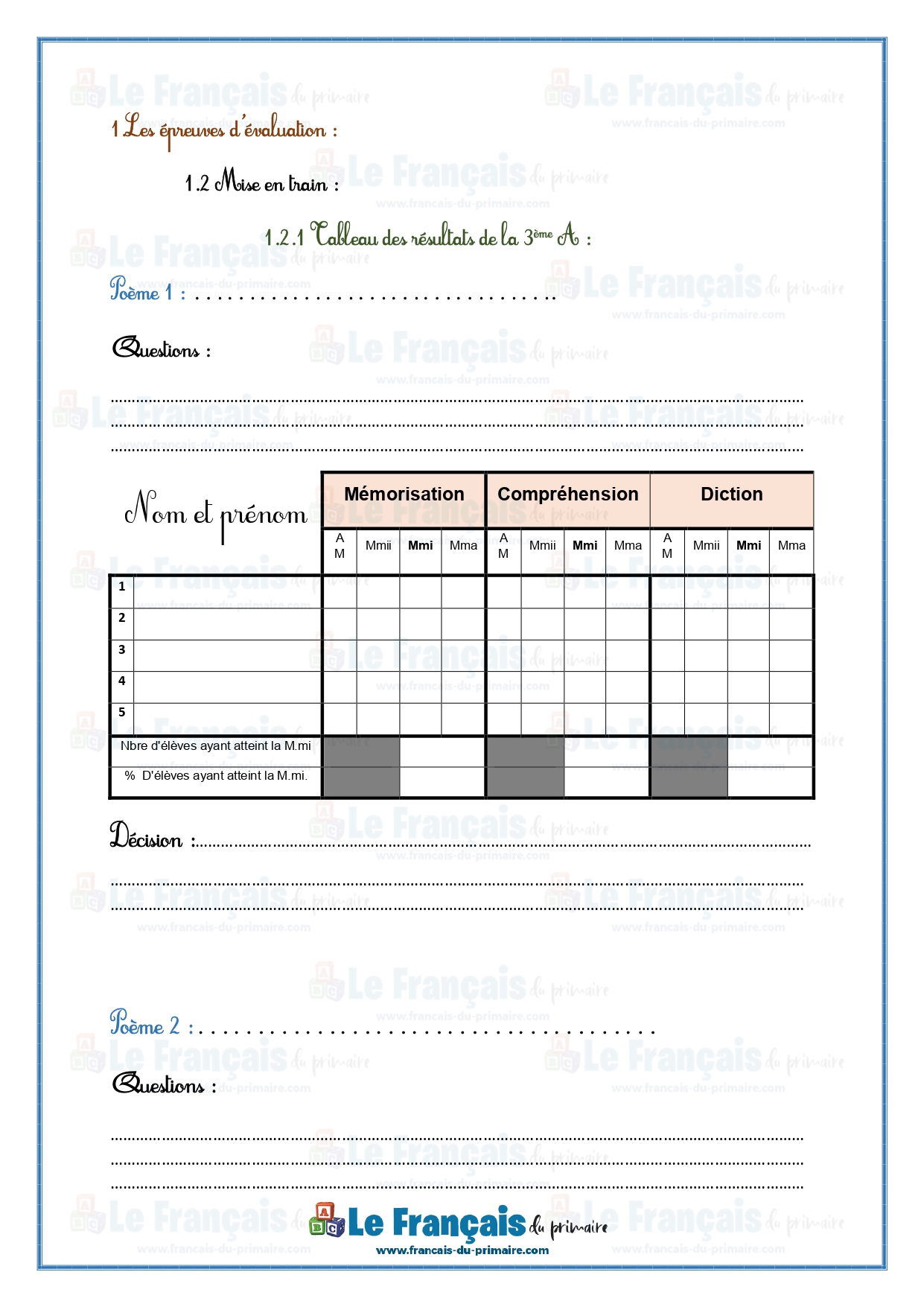 Grilles d'évaluation 3ème année | Le français du primaire