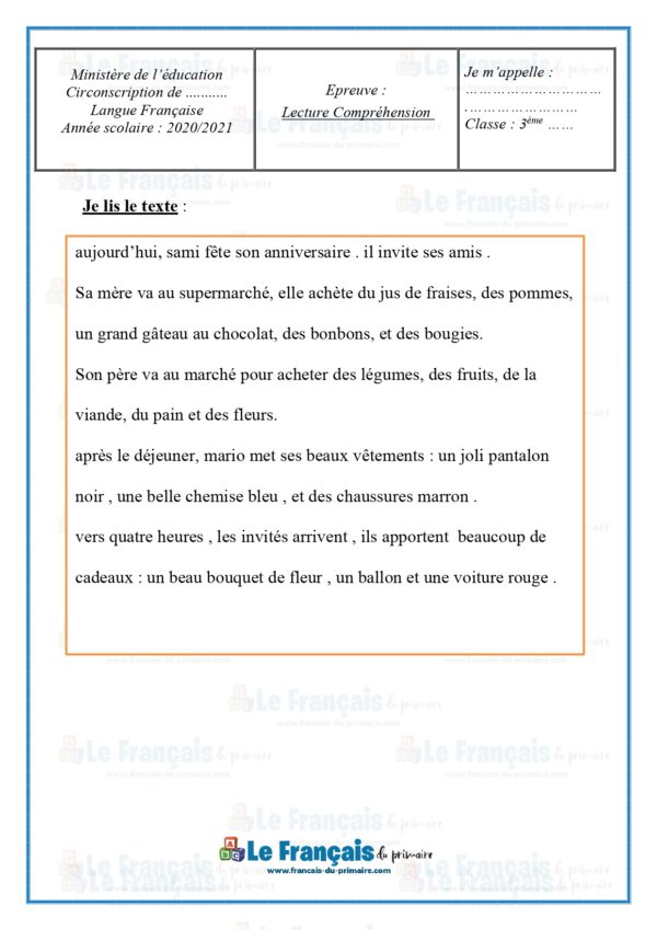 Examen de lecture 3ème année trimestre 1 | Le français du primaire