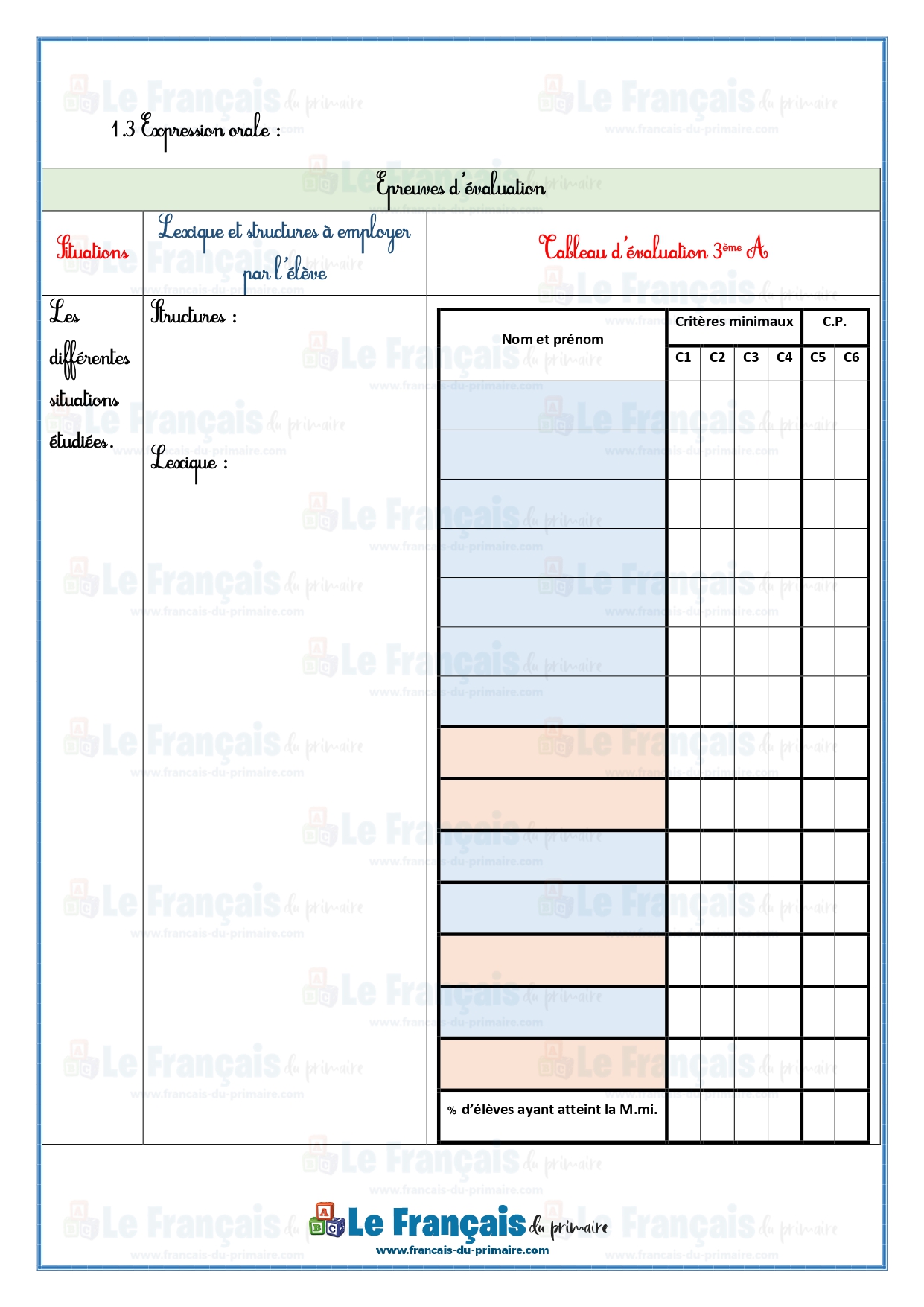 Grilles d'évaluation 3ème année | Le français du primaire