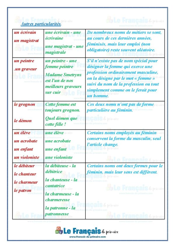 Le féminin des noms cours /exercices | Le français du primaire