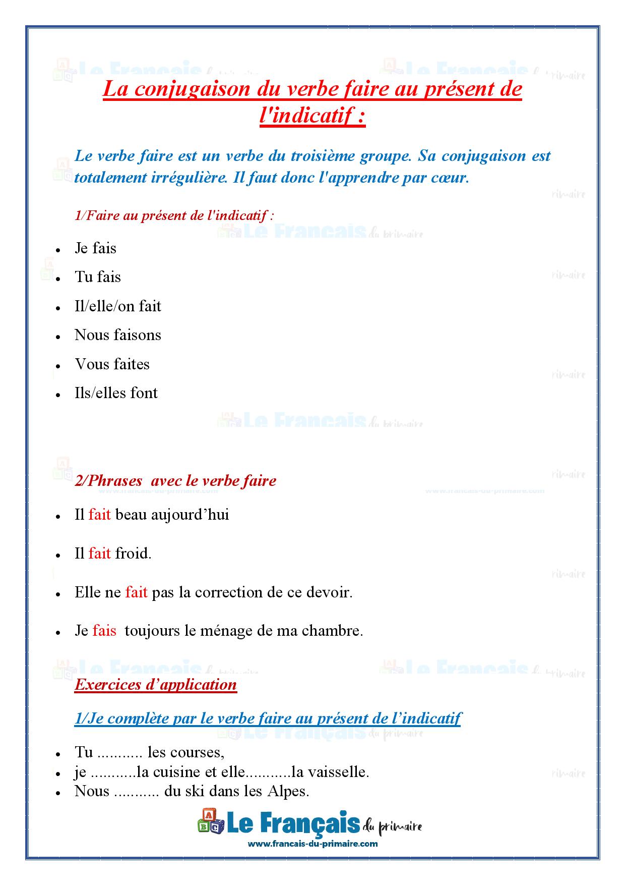 Le verbe faire au présent de l'indicatif | Le français du primaire
