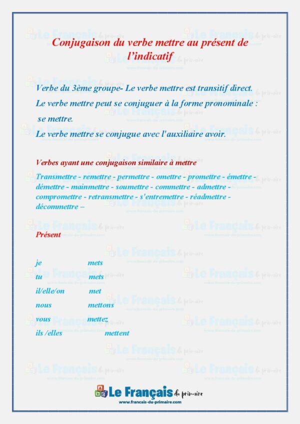 Conjuguer le verbe mettre au présent de l'indicatif | Le français du ...