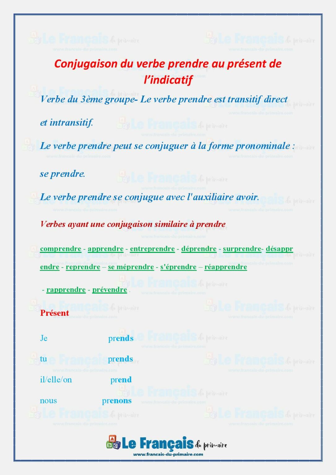 Conjuguer le verbe prendre au présent de l'indicatif | Le français du ...