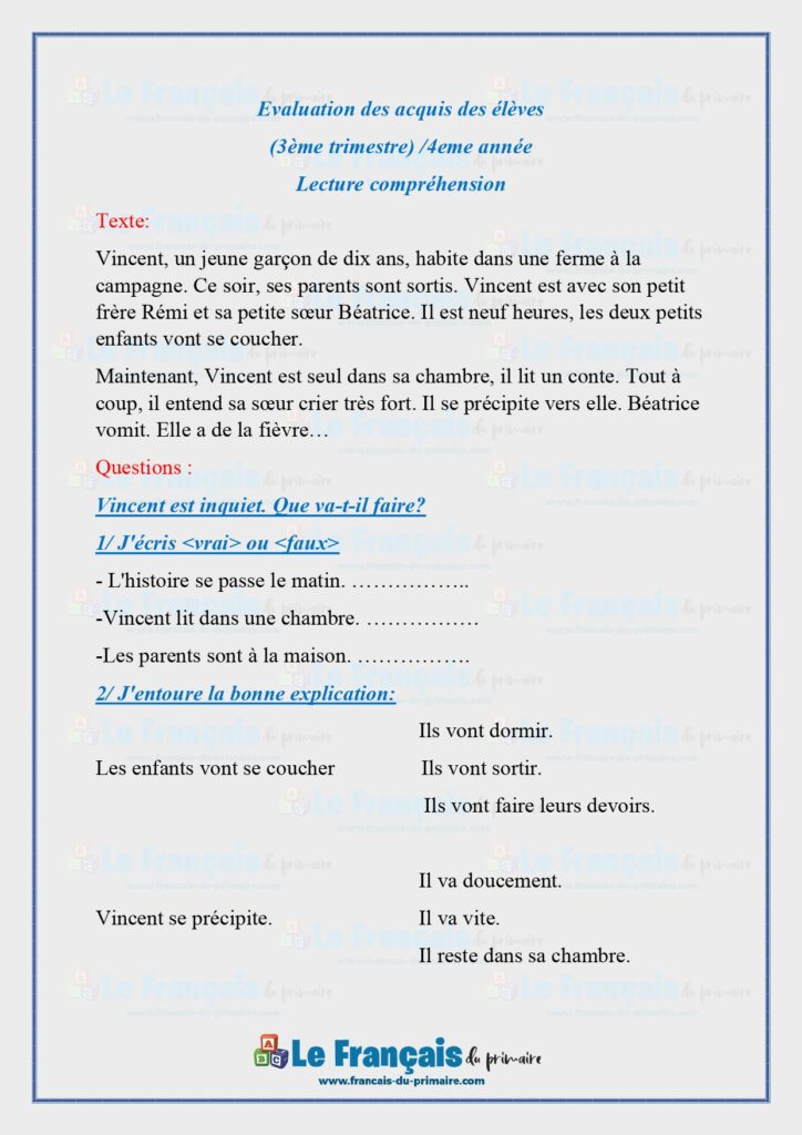 Examen de Lecture compréhension N2 /4ème année trimestre 3 | Le ...