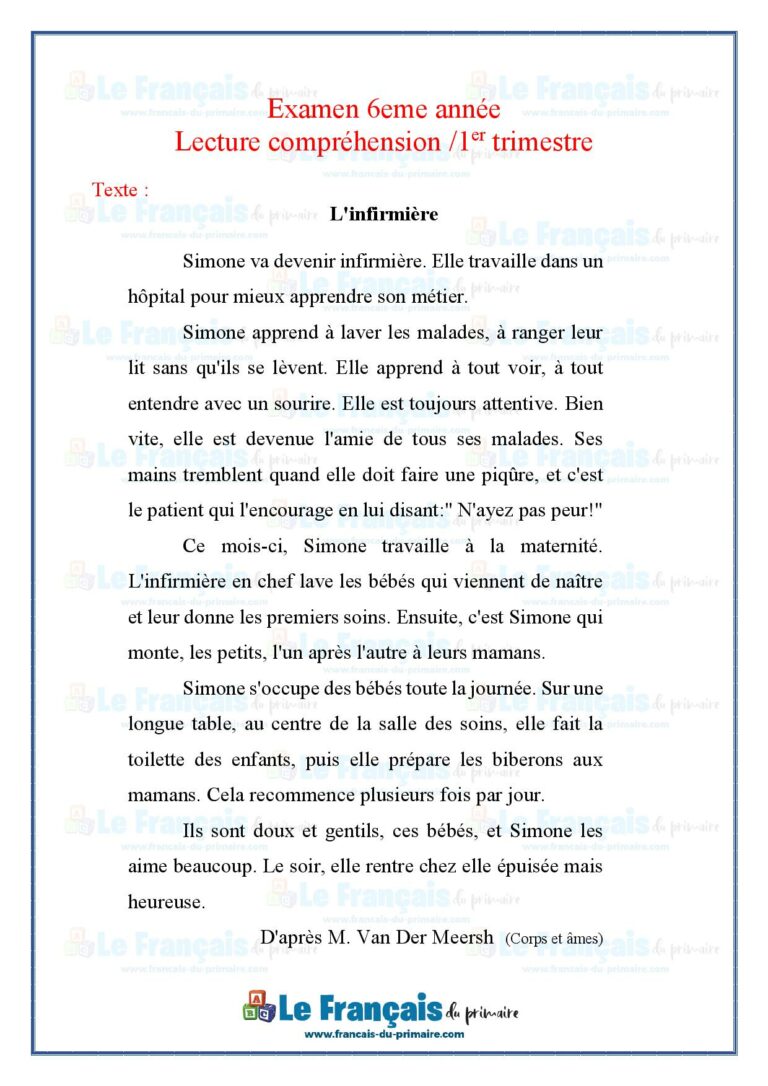 Examen de lecture 6eme année trimestre 1(exemple 3) | Le français du ...