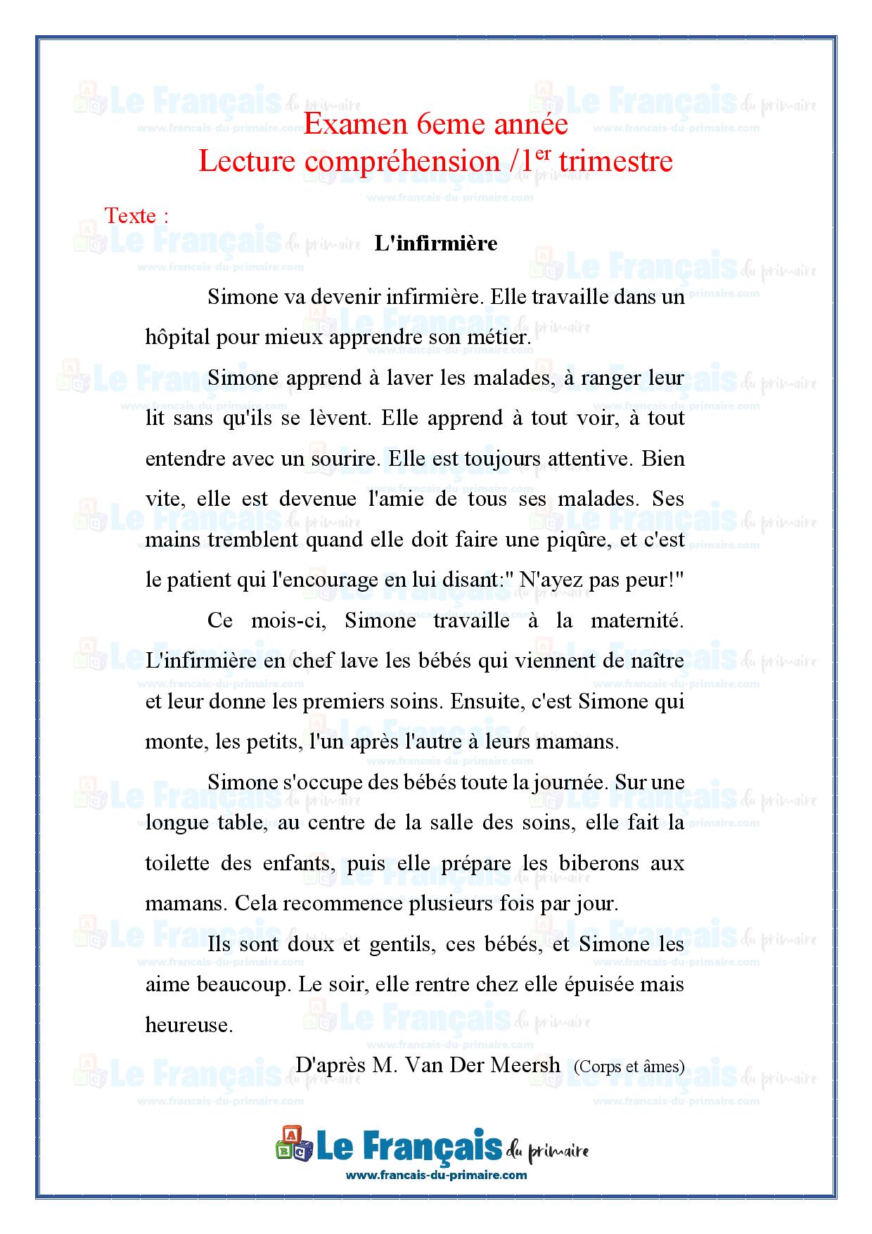 Examen de lecture 6eme année trimestre 1(exemple 3) | Le français du ...