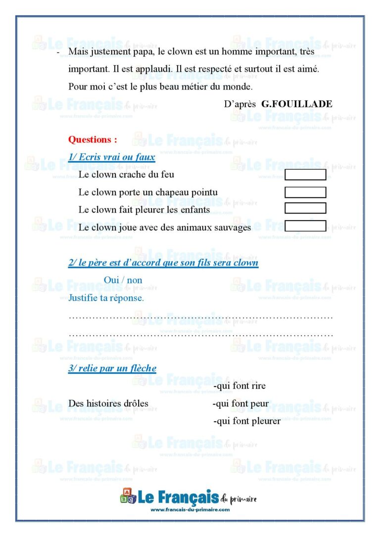 Examen de lecture 6eme année trimestre 1(exemple 4) | Le français du ...