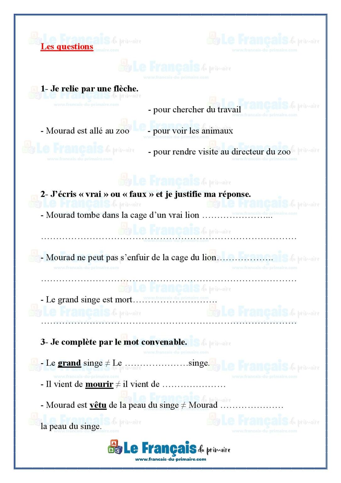 Examen de lecture 6eme année trimestre 1 (exemple 5) | Le français du ...