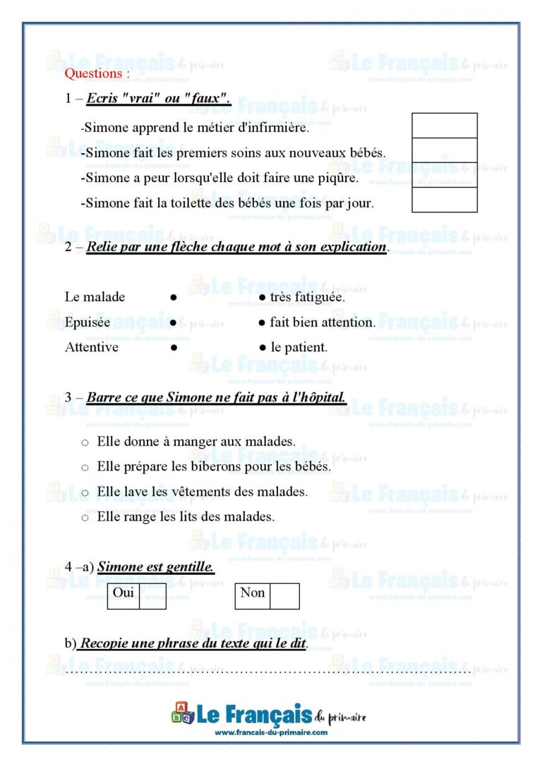 Examen de lecture 6eme année trimestre 1(exemple 3) | Le français du ...