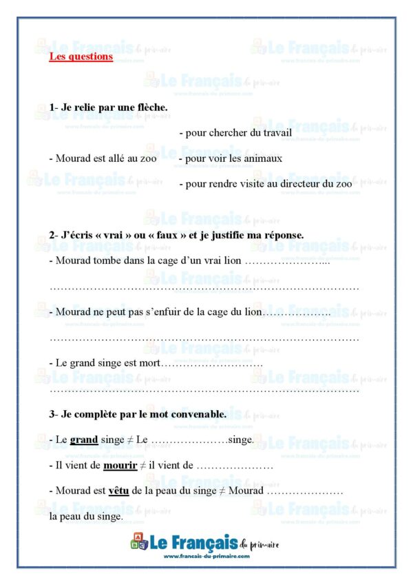 Examen de lecture 6eme année trimestre 1 (exemple 5) | Le français du ...