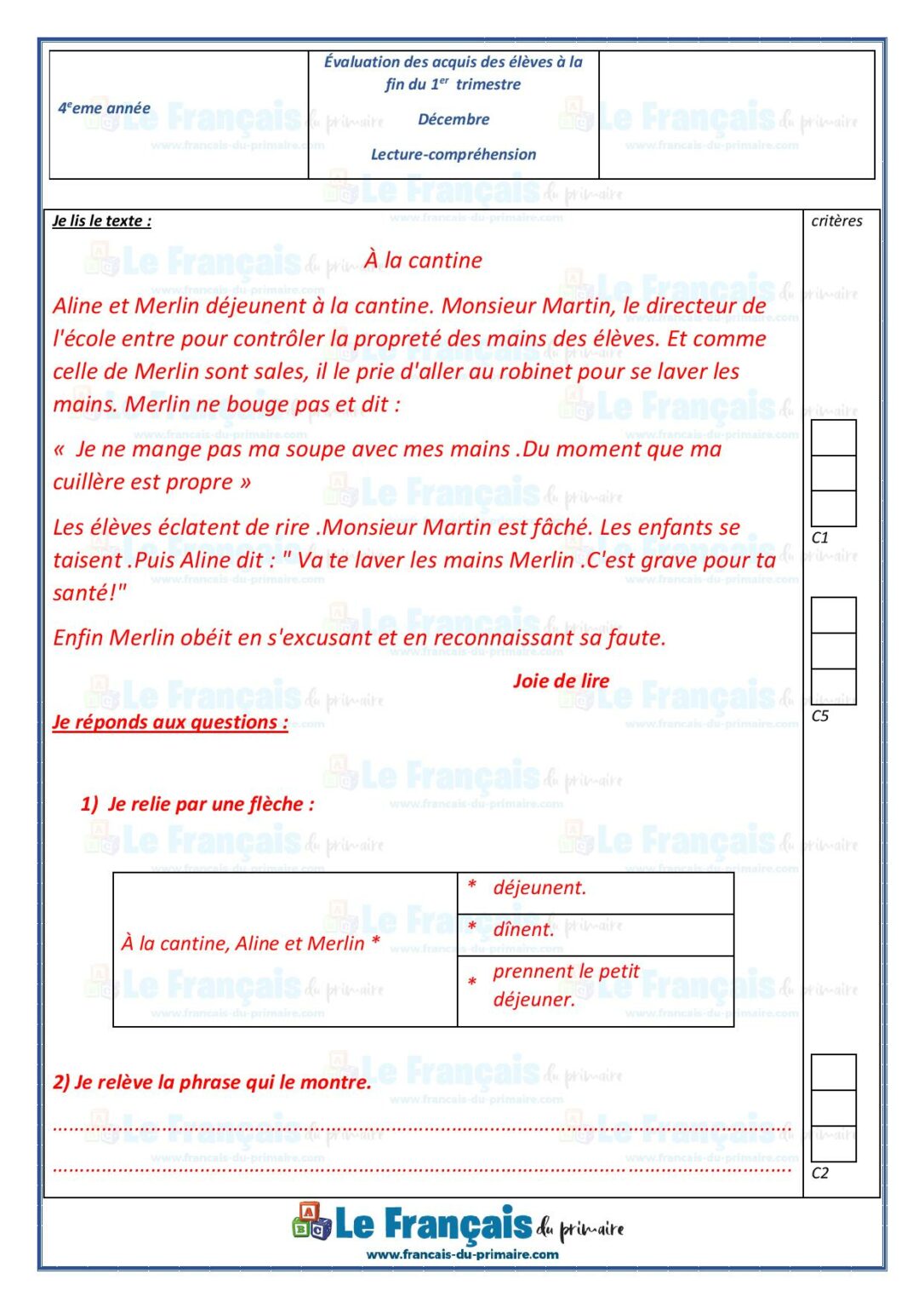 Lecture compréhension 4ème année 1er trimètre | Le français du primaire