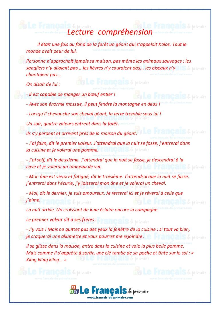 Lecture compréhension 4eme année /ce1 | Le français du primaire