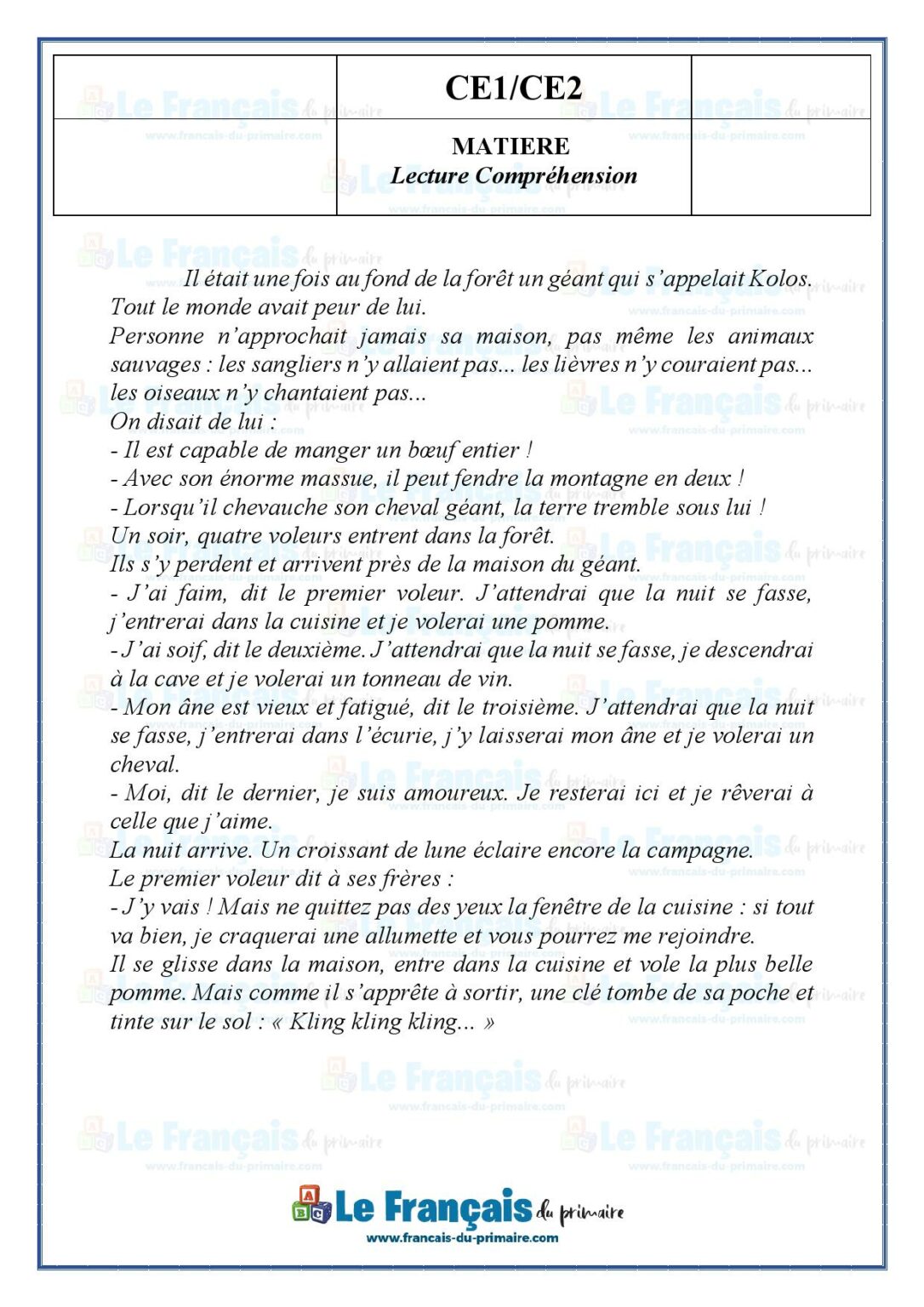 Lecture compréhension CE1/CE2 - Le français du primaire