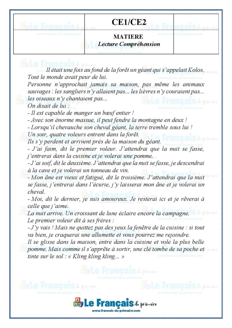 Lecture compréhension CE1/CE2 - Le français du primaire