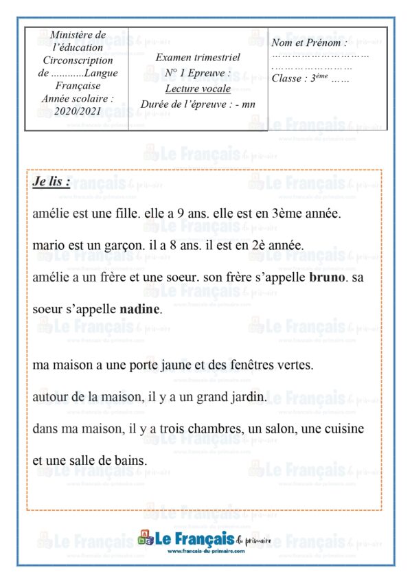 Evaluation : Lecture vocale 3ème année Trimestre 1 | Le français du ...
