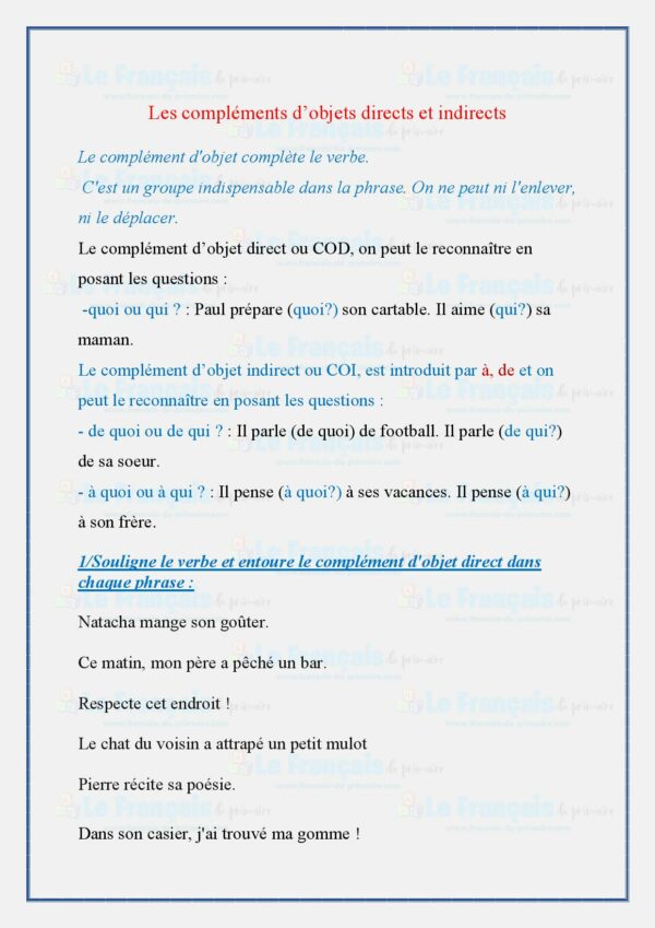 Le complément d'objet direct | Le français du primaire