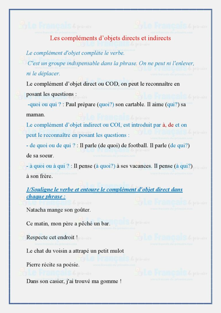 Le complément d'objet direct | Le français du primaire
