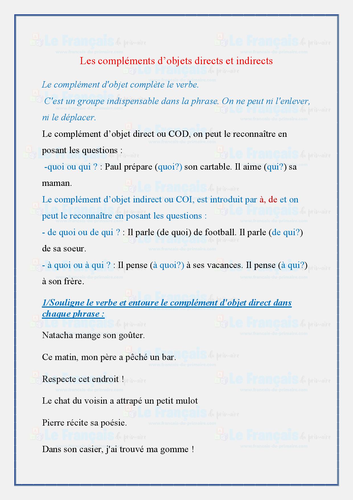 Le complément d'objet direct | Le français du primaire