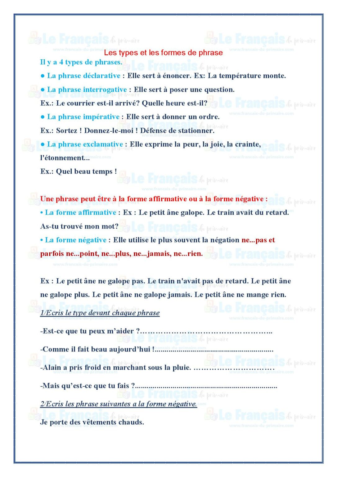 Les types et les formes de phrase | Le français du primaire