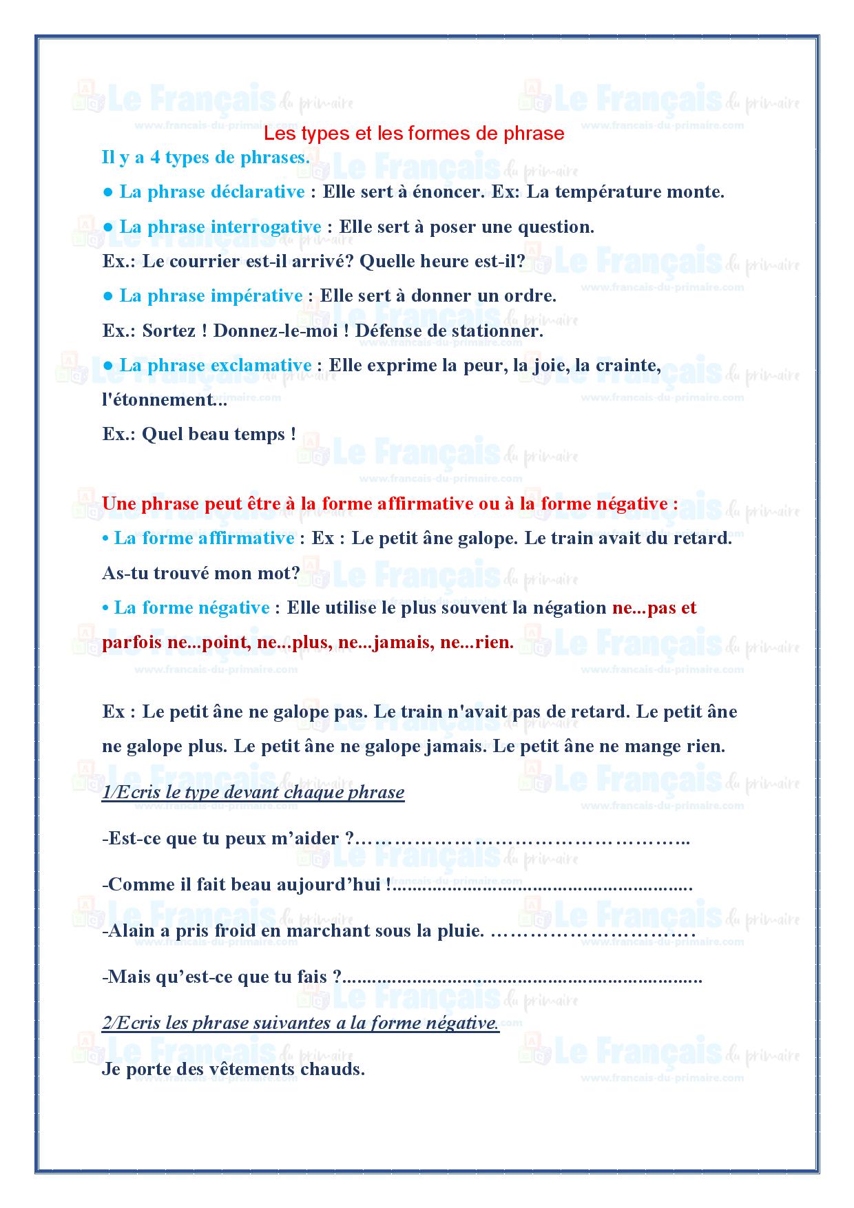 Les types et les formes de phrase | Le français du primaire