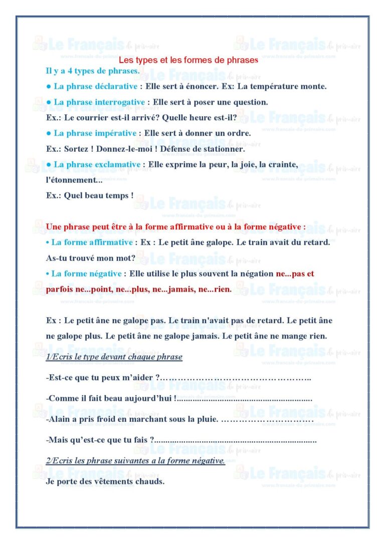 Les types et les formes de phrases | Le français du primaire