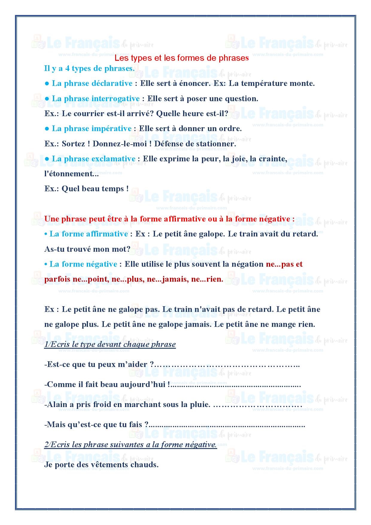 Les types et les formes de phrases | Le français du primaire