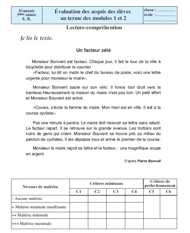 Evaluation N1(module 1/module 2) | Le français du primaire