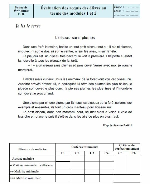 Évaluation N1 module 1/module 2 (5ème année) | Le français du primaire