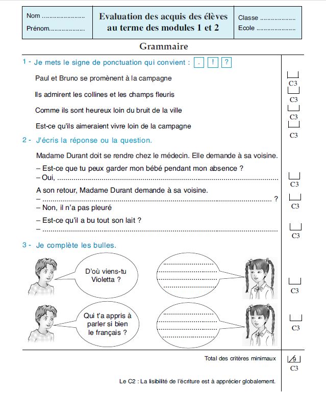Évaluation N1 module 1/module 2 (5ème année) | Le français du primaire