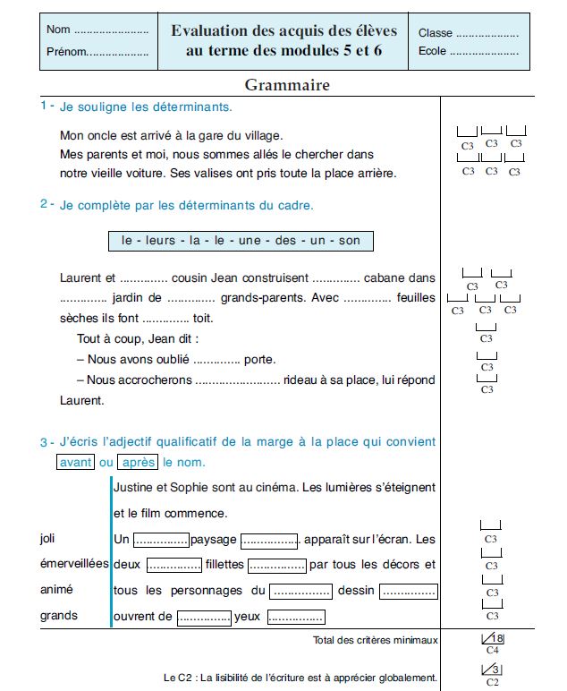 Évaluation N3 module 5/module 6 (5ème année) | Le français du primaire