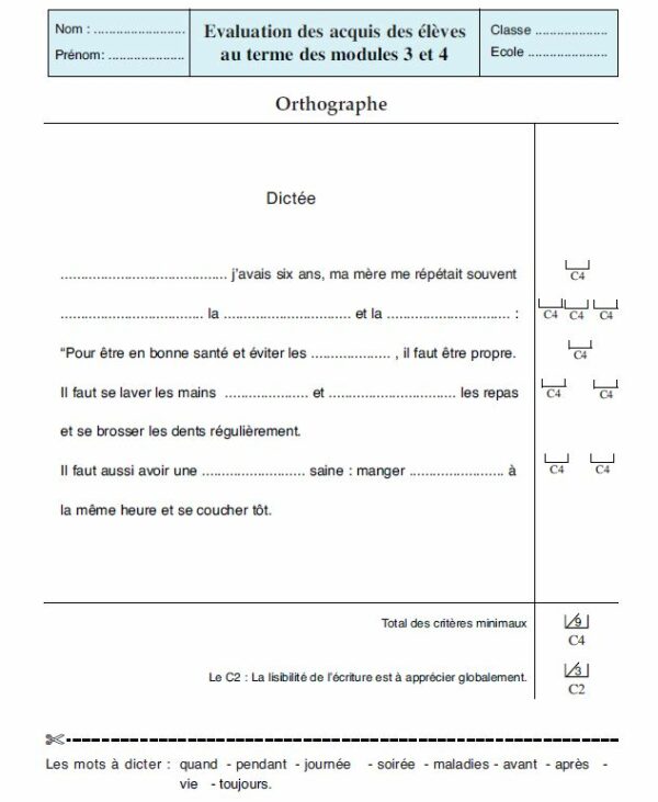 Évaluation N2 module 3/module 4 (5ème année) | Le français du primaire