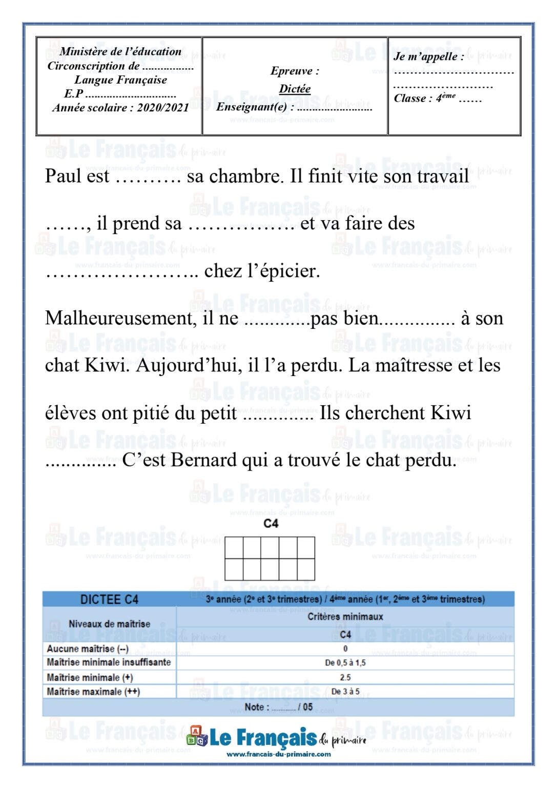 Evaluation : Dictée 4ème année Module 5 et 6 + correction - Le français ...