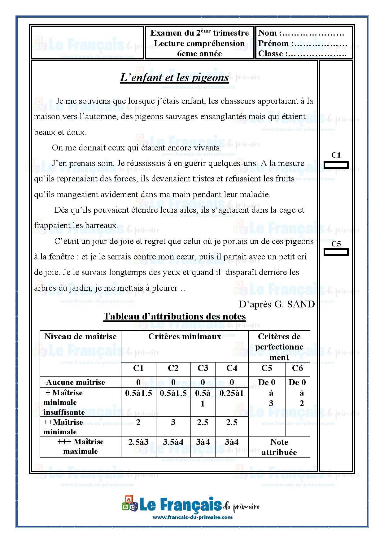 Examen lecture compréhension N1 6eme année /2eme trimestre | Le ...