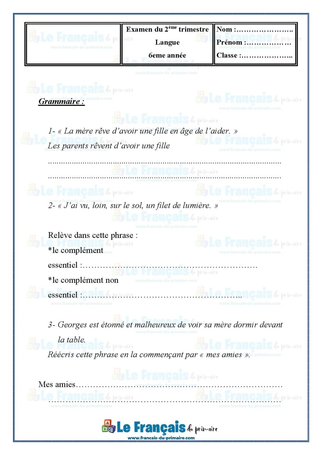 Examen langue 2ème trimestre 6ème année | Le français du primaire