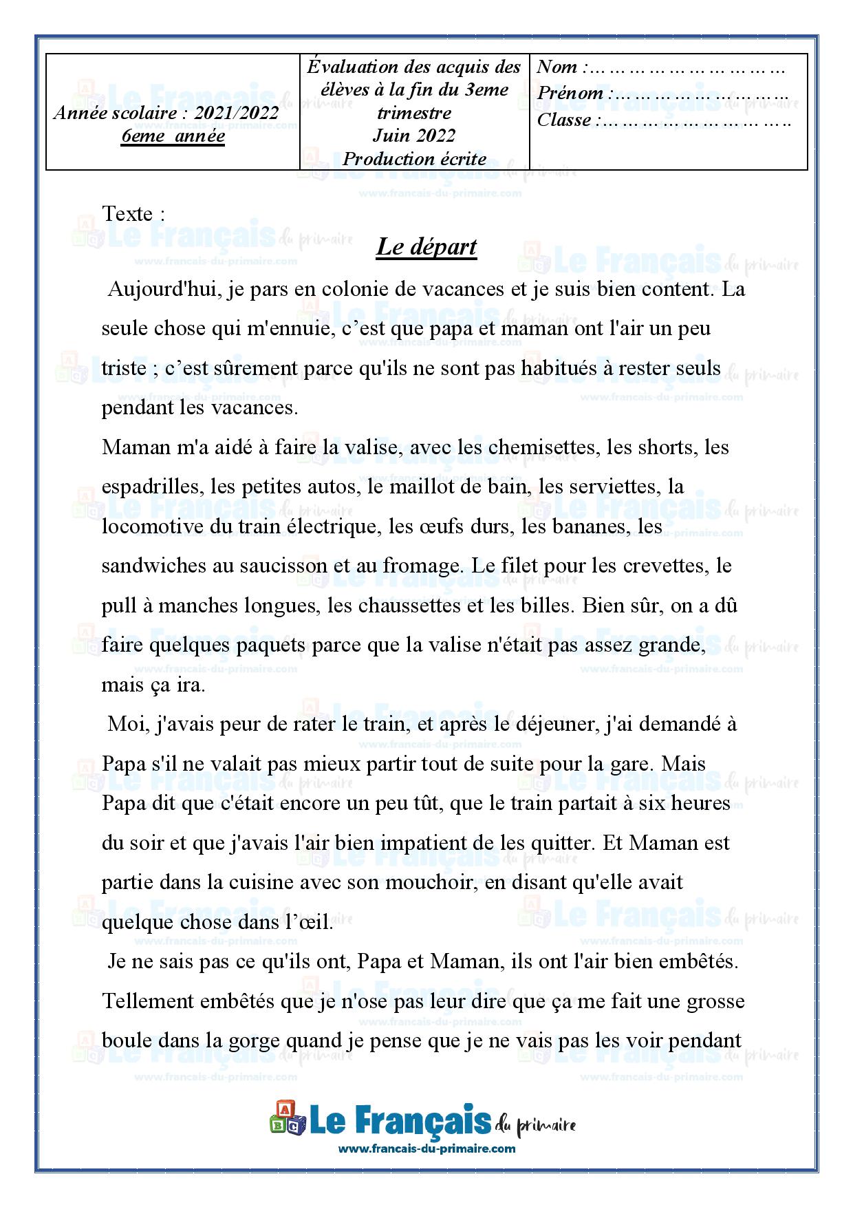 Examen lecture compréhension N5/ 6eme année 3eme trimestre | Le ...