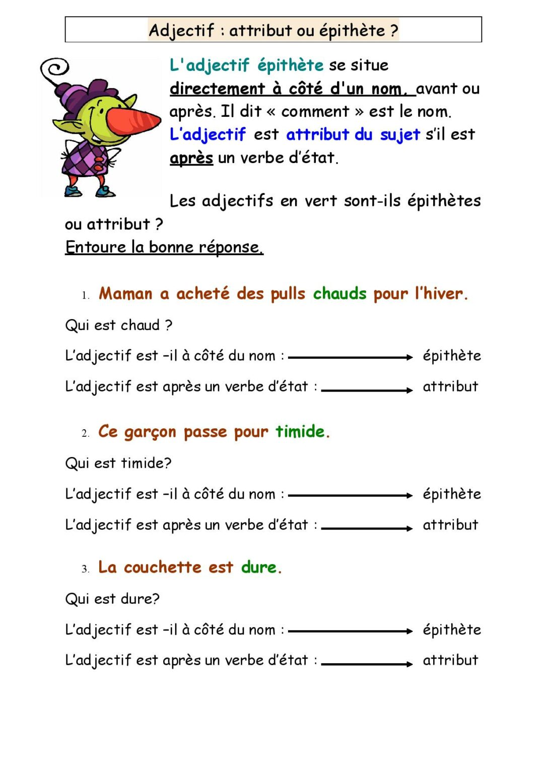 L'adjectif attribut /épithète | Le français du primaire