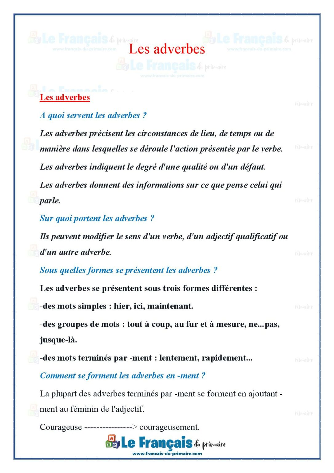 L'adverbe | Le français du primaire