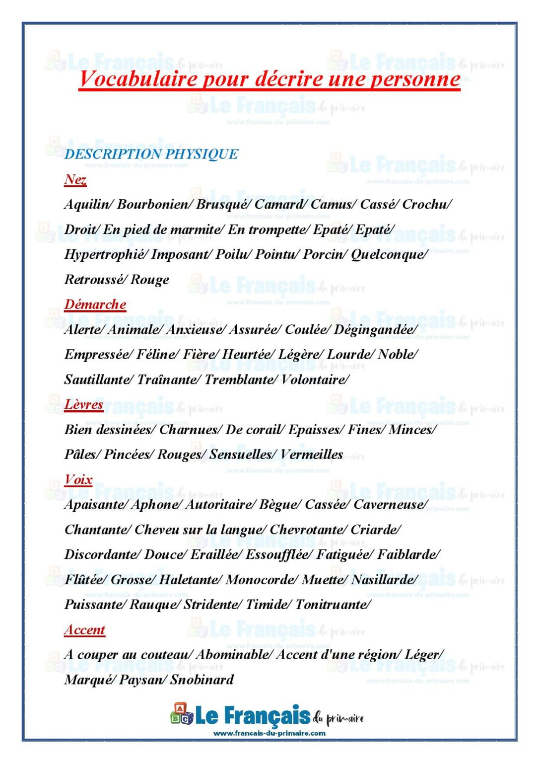 Vocabulaire pour décrire une personne | Le français du primaire