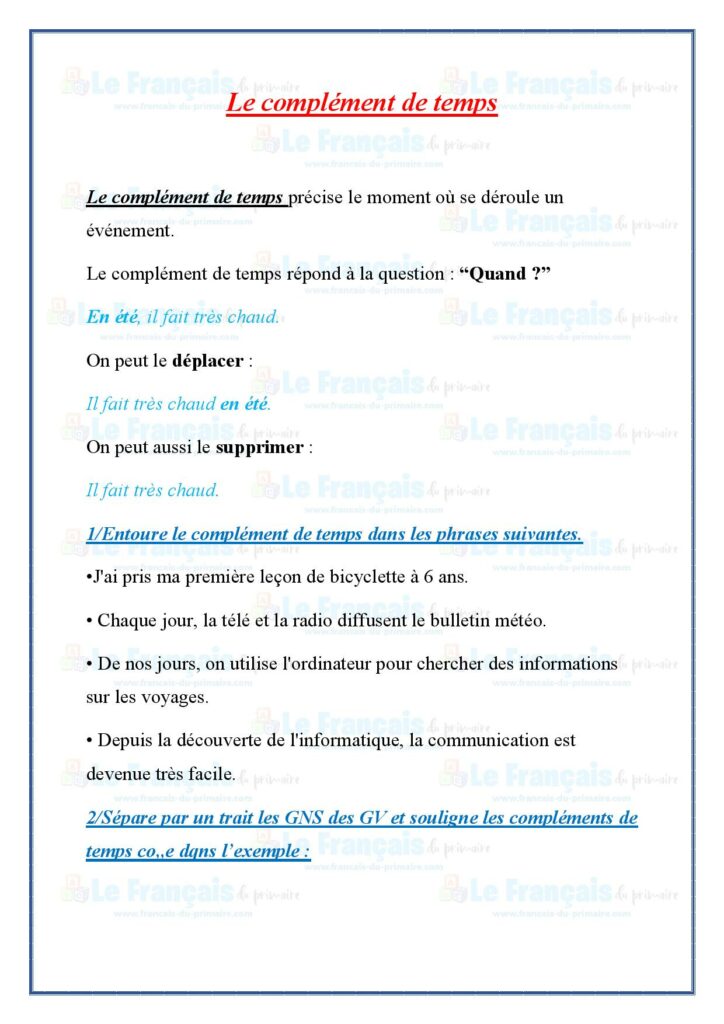 Le complément de temps | Le français du primaire