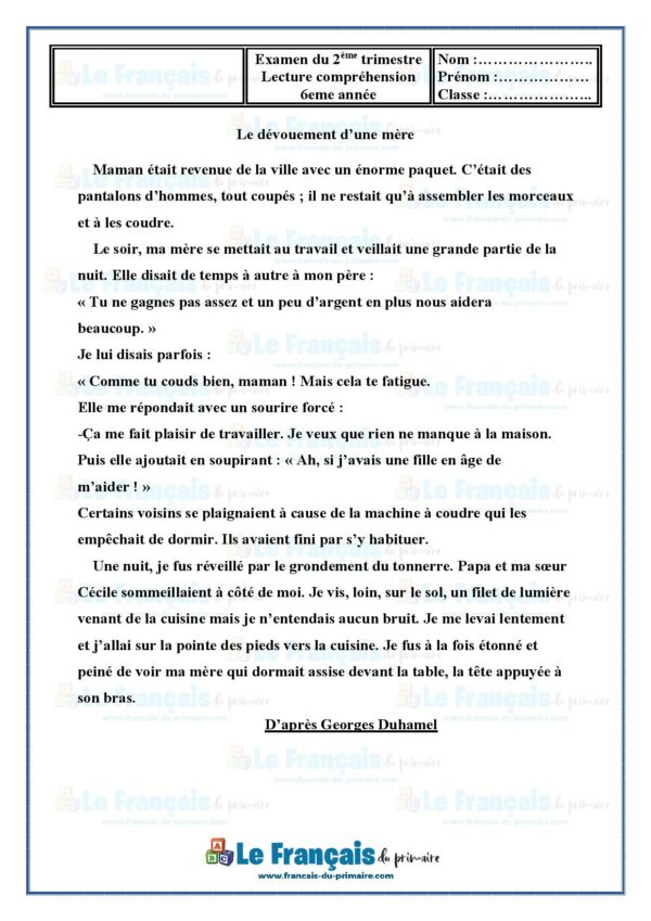 Examen lecture compréhension N2 6ème année /2eme trimestre | Le ...