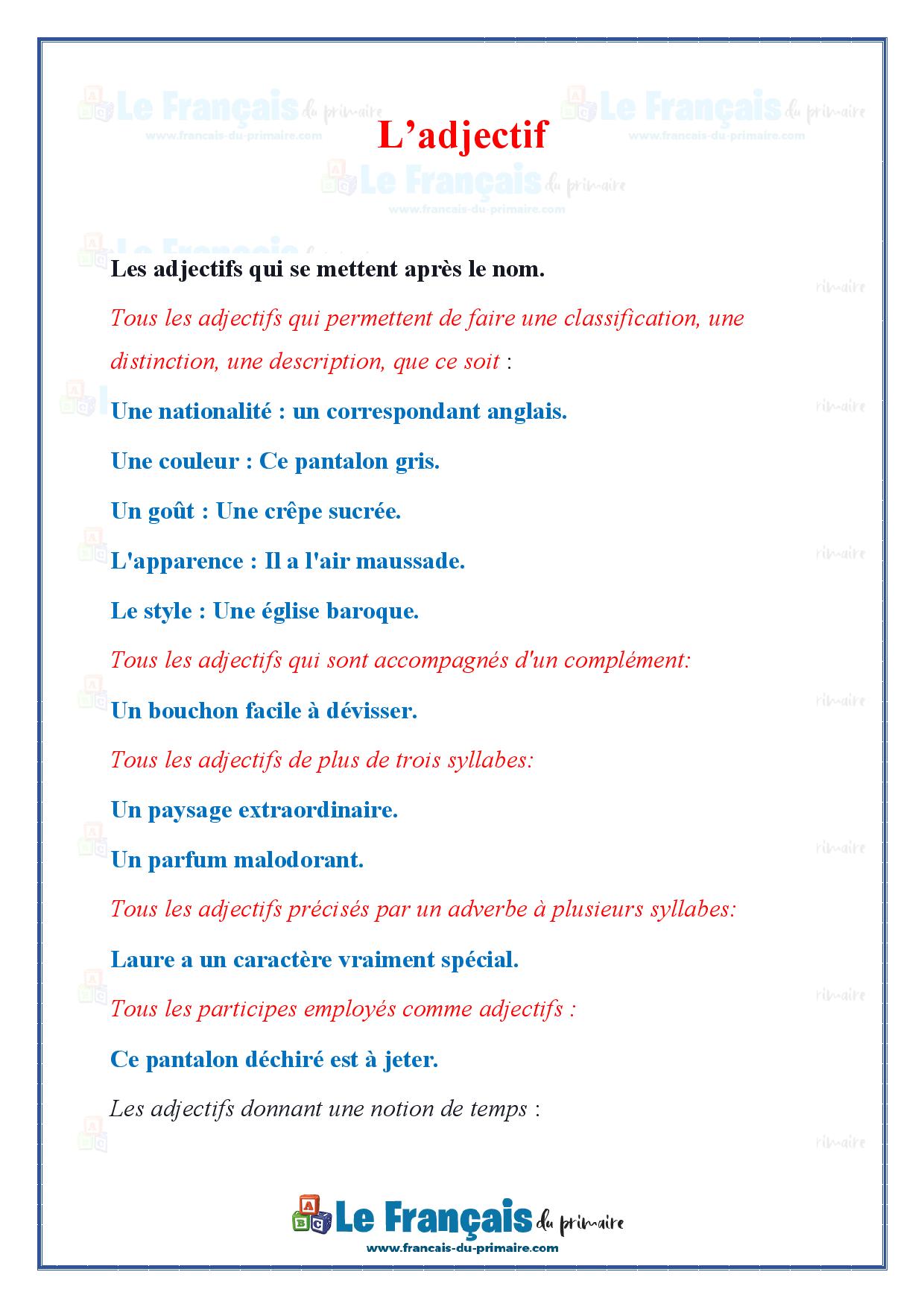 L'adjectif (cours/exercices) | Le français du primaire