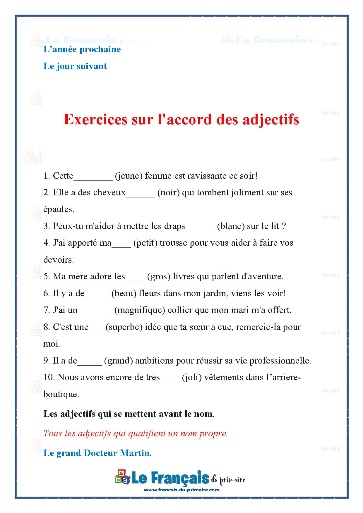L'adjectif (cours/exercices) | Le français du primaire