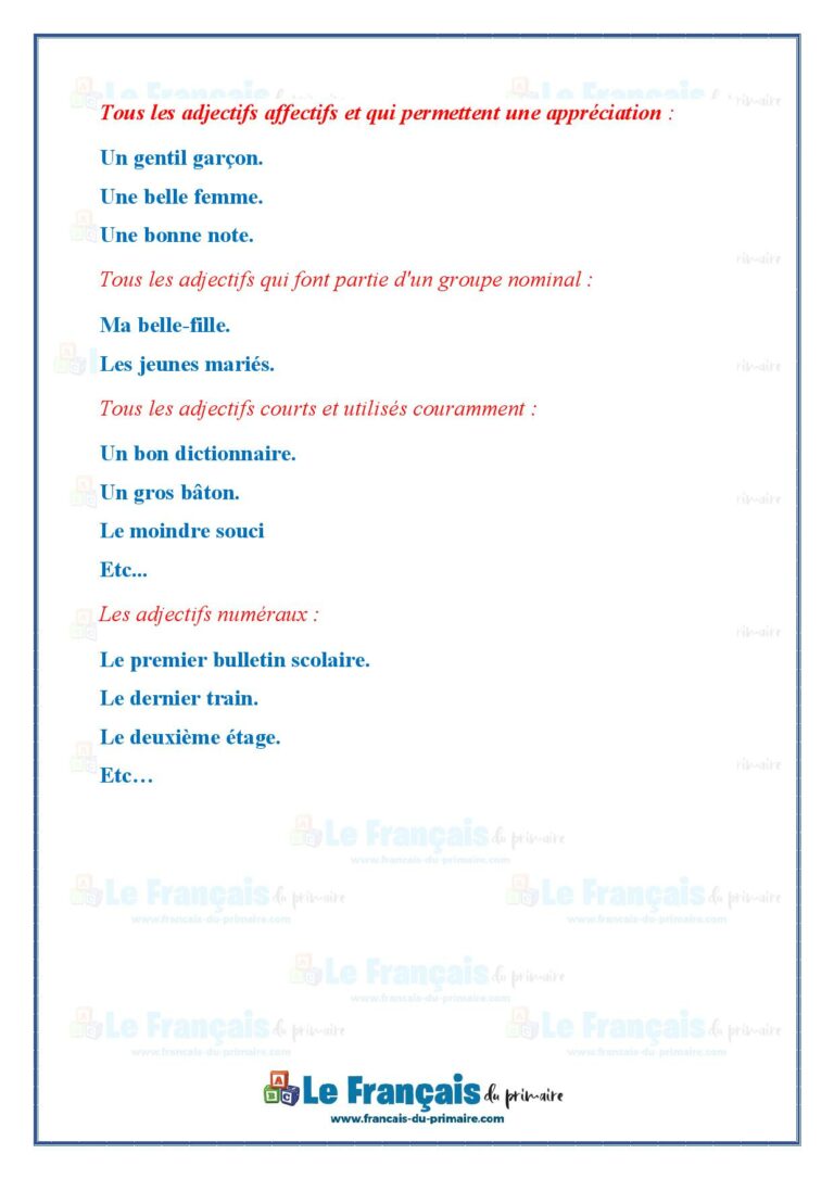 L'adjectif (cours/exercices) | Le français du primaire