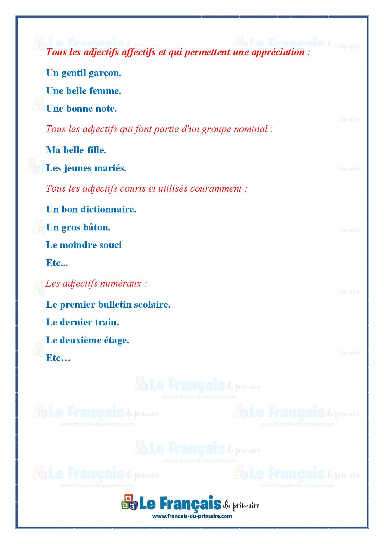 L'adjectif (cours/exercices) | Le français du primaire