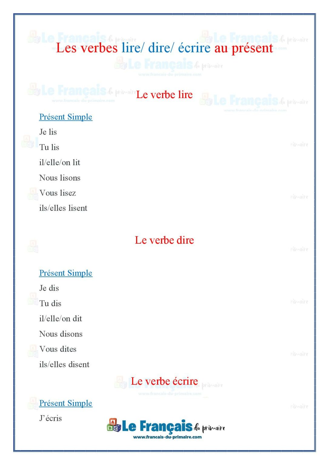 Les verbes lire /dire/écrire au présent | Le français du primaire