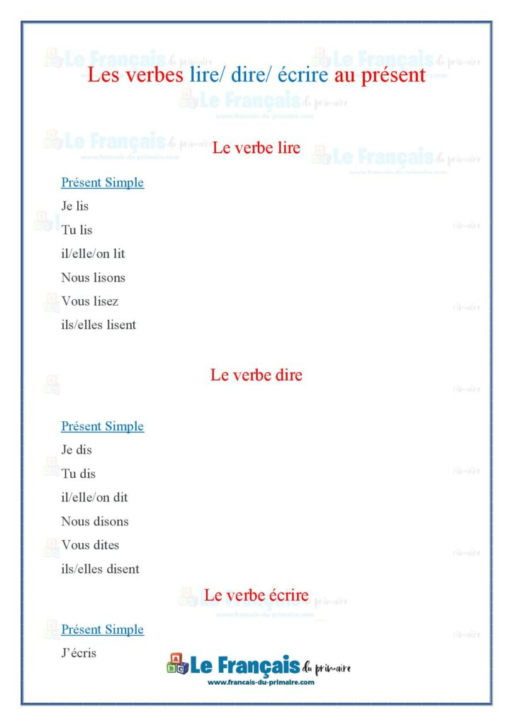 Les verbes lire /dire/écrire au présent | Le français du primaire